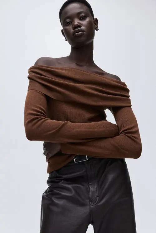 H&m Off-the-shoulder Ribbed Jumper - Brown