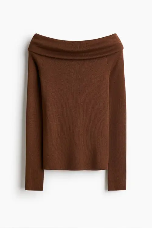 H&m Off-the-shoulder Ribbed Jumper - Brown