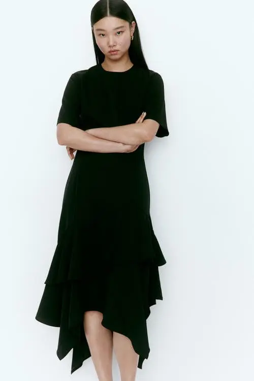 H&m Asymmetric Midi Dress With Flounced Tiers