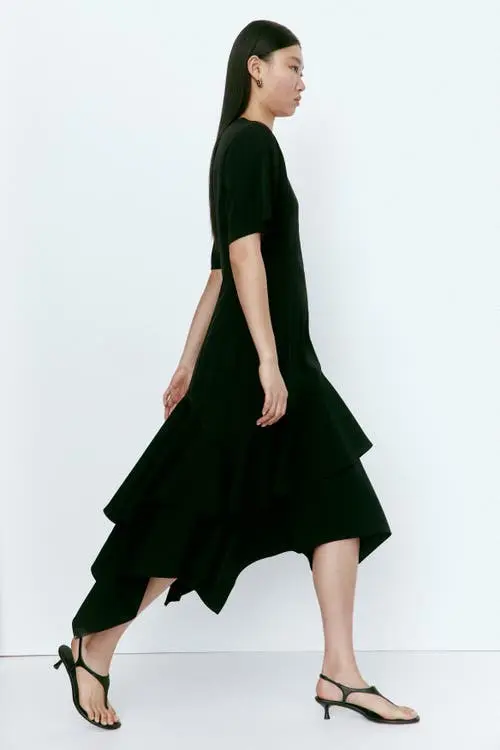 H&m Asymmetric Midi Dress With Flounced Tiers