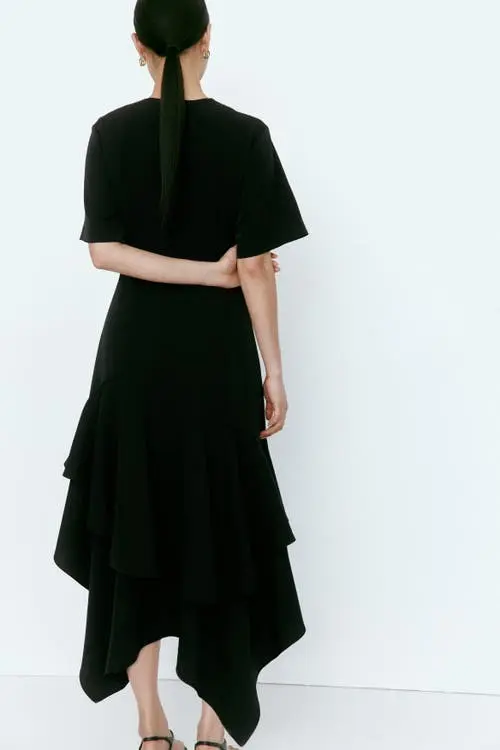 H&m Asymmetric Midi Dress With Flounced Tiers