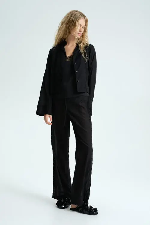H&m Pintucked Pyjama Shirt With Lace Trim