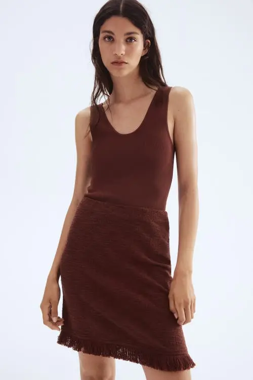 H&m Bouclé Knit Mini Skirt With Fringe Trim