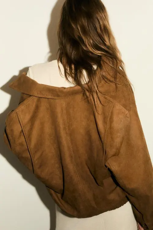 H&m Napped Finish Jacket With Zip Closure And Elasticated Hem - Dark Beige