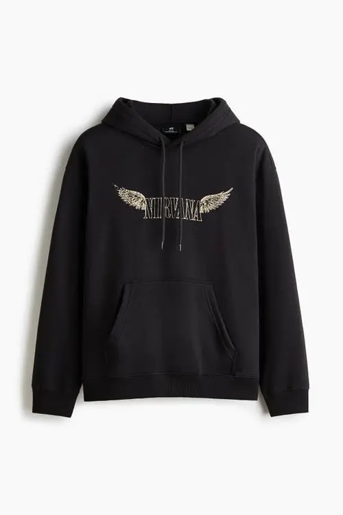 H&m Loose Fit Printed Hoodie With Drawstring - Black/nirvana
