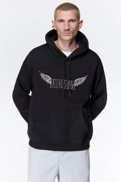 H&M Loose Fit Printed Hoodie With Drawstring - Black/nirvana