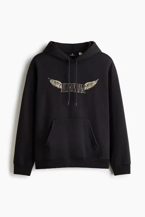 H&M Loose Fit Printed Hoodie With Drawstring - Black/nirvana
