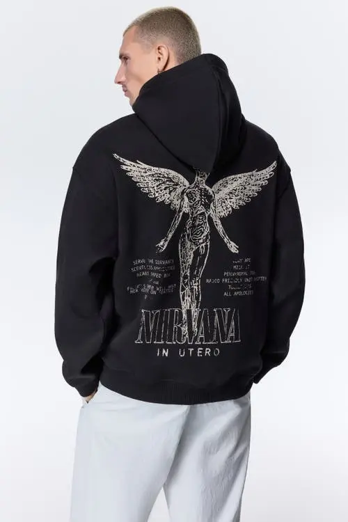 H&M Loose Fit Printed Hoodie With Drawstring - Black/nirvana