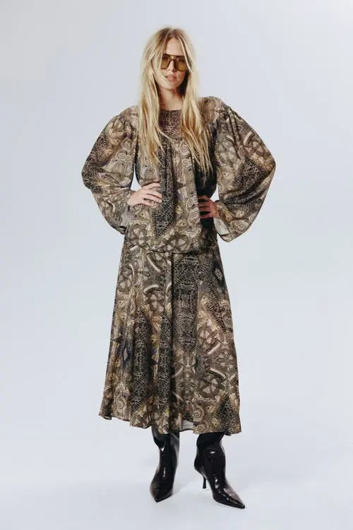 H&m Patterned Sheer Blouse With Long Sleeves