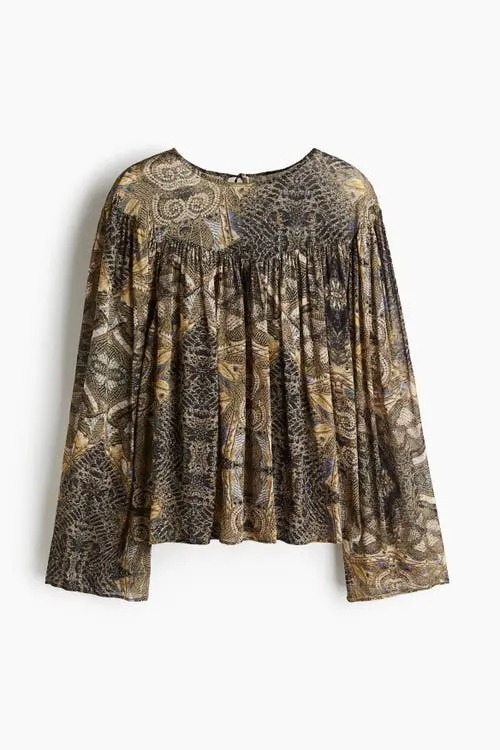 H&m Patterned Sheer Blouse With Long Sleeves