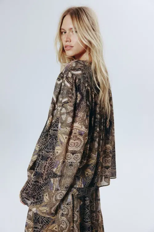 H&m Patterned Sheer Blouse With Long Sleeves