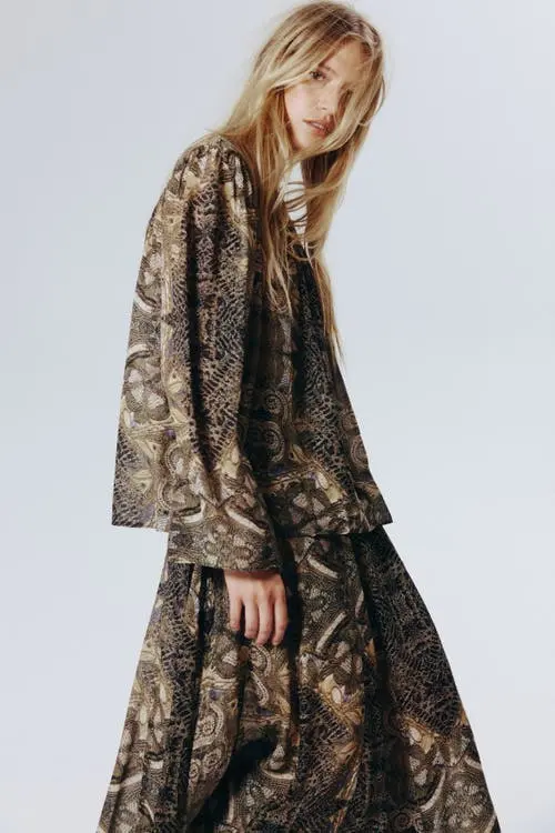 H&m Patterned Sheer Blouse With Long Sleeves