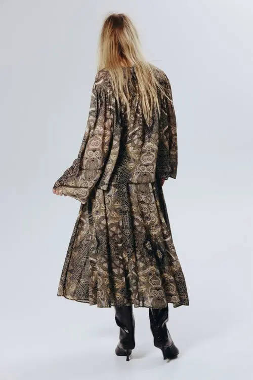 H&m Patterned Sheer Blouse With Long Sleeves