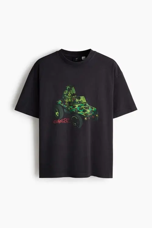 H&m Oversized Fit T-shirt - Black/gorillaz