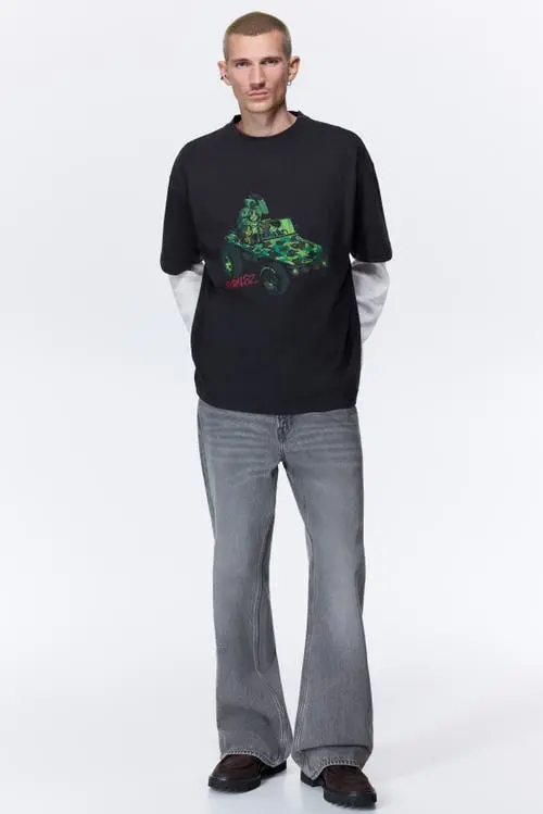 H&m Oversized Fit T-shirt - Black/gorillaz