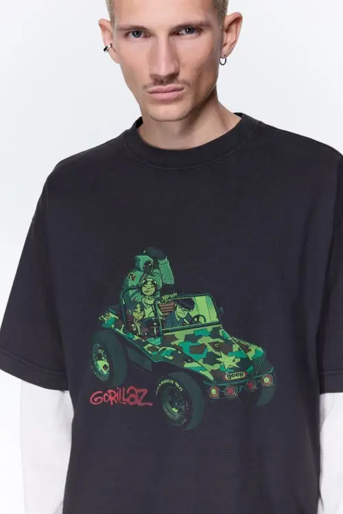 H&m Oversized Fit T-shirt - Black/gorillaz