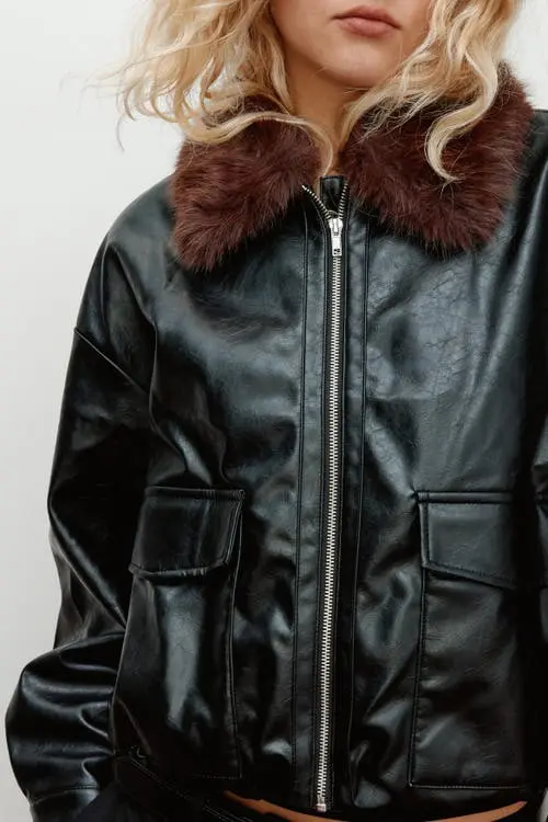 H&m Fluffy Collared Bomber Jacket - Black/brown