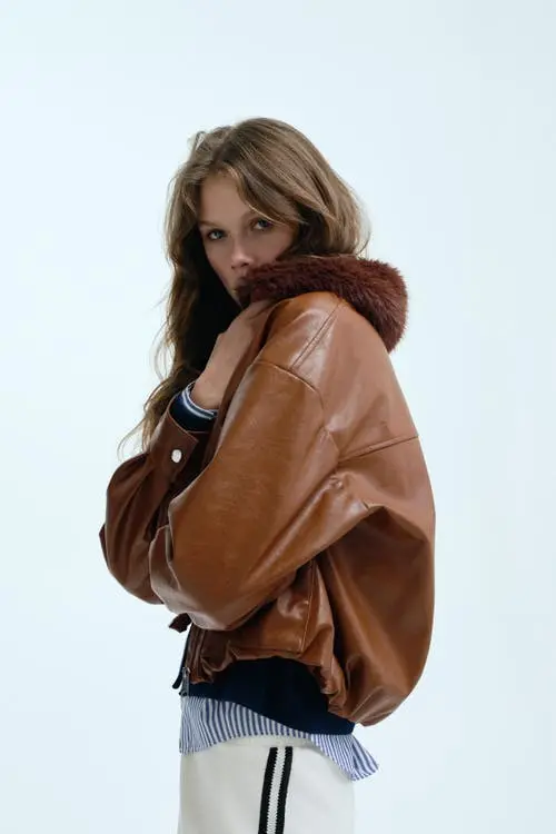 H&m Fluffy Collared Bomber Jacket - Brown