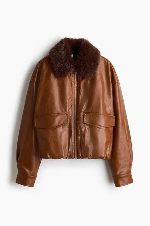 H&m Fluffy Collared Bomber Jacket - Brown