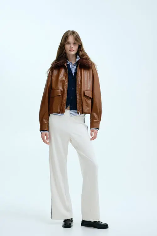 H&m Fluffy Collared Bomber Jacket - Brown