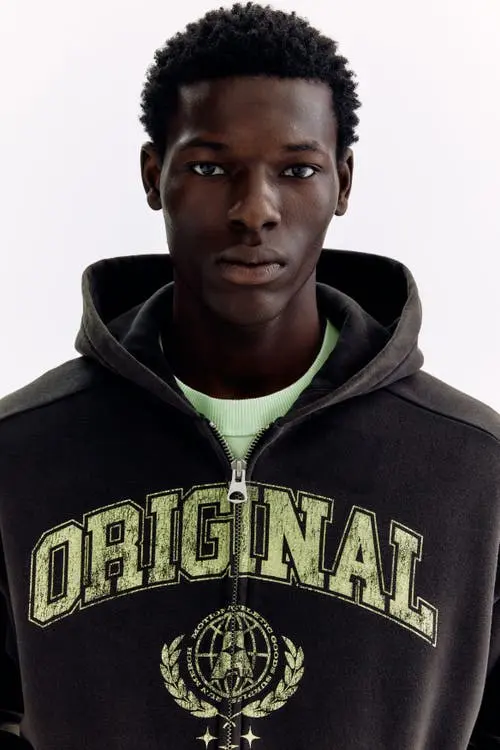 H&m Oversized Fit Printed Zip-through Hoodie - Black/original