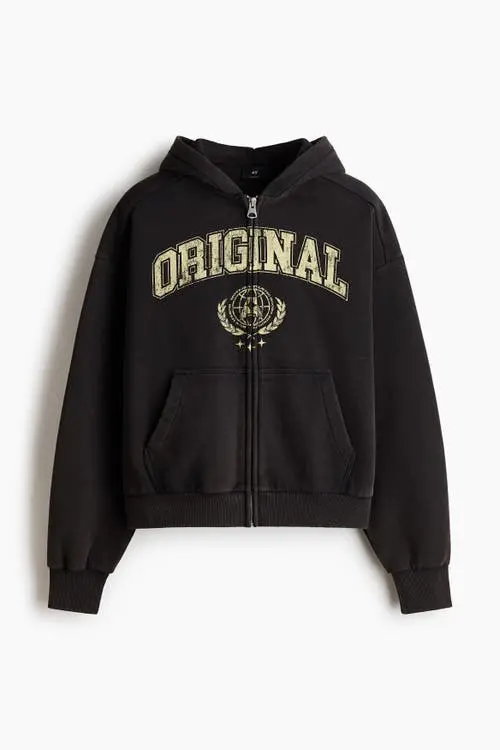 H&m Oversized Fit Printed Zip-through Hoodie - Black/original
