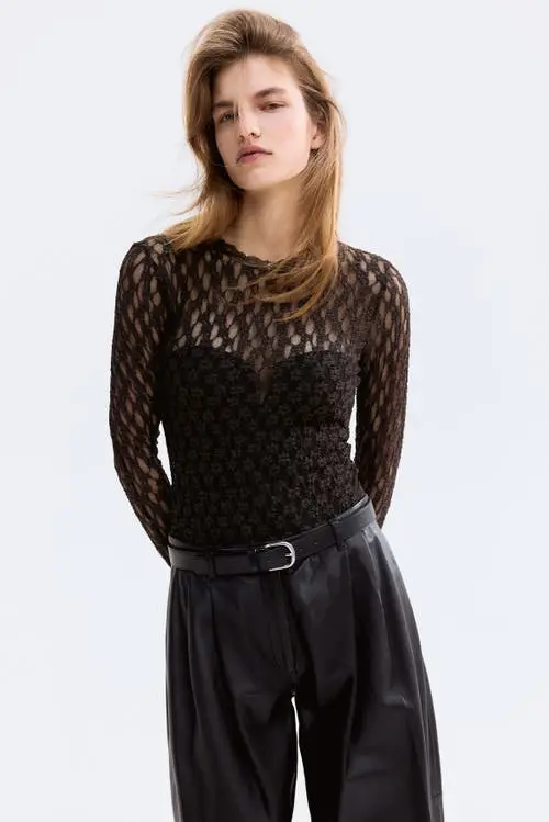 H&m Lace-look Thong Bodysuit With Long Sleeves