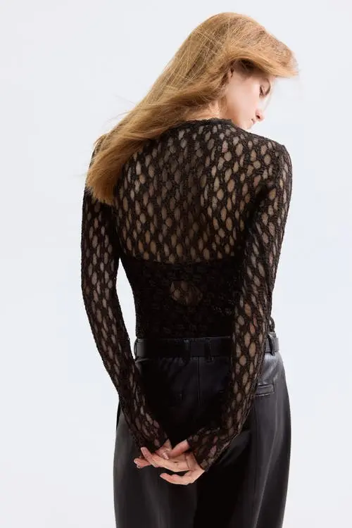 H&m Lace-look Thong Bodysuit With Long Sleeves