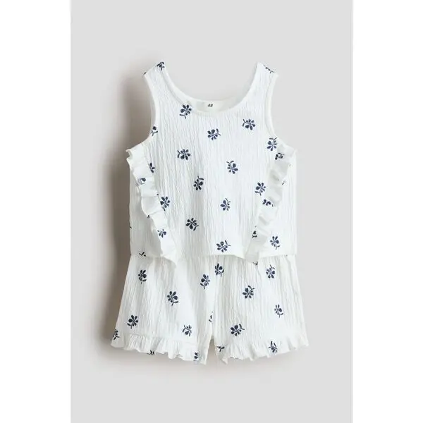 H&m Two-piece Ruffle-trimmed Set - White/blue Floral