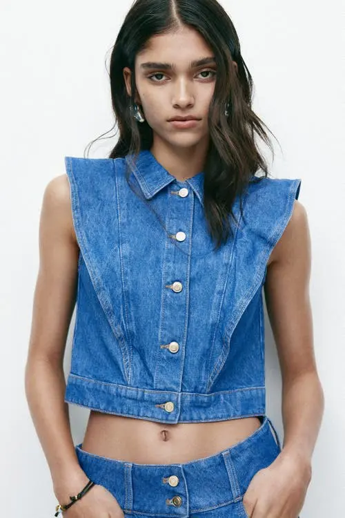 H&m Flounce-trimmed Denim Waistcoat