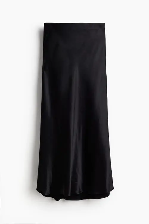 H&M Midi Skirt In Drapey Satin - Black
