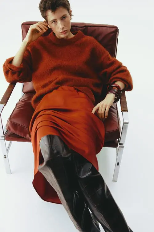 H&m Midi Skirt In Draping Weave - Burnt Orange