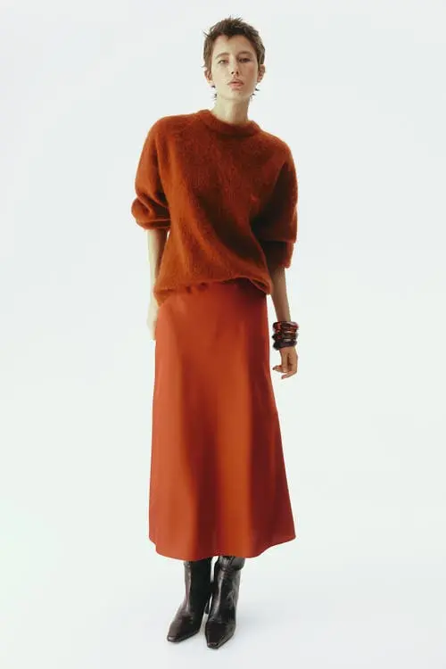 H&m Midi Skirt In Draping Weave - Burnt Orange