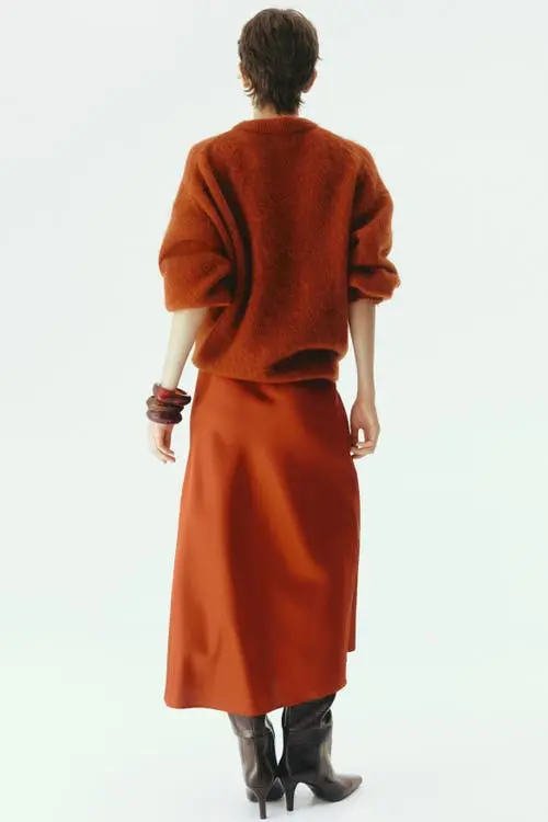 H&m Midi Skirt In Draping Weave - Burnt Orange