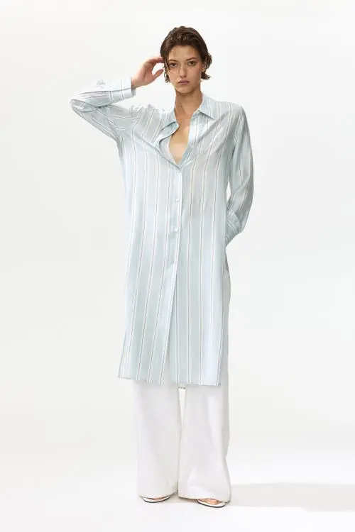 H&m Long Viscose-blend Shirt With Classic Collar And Stripes
