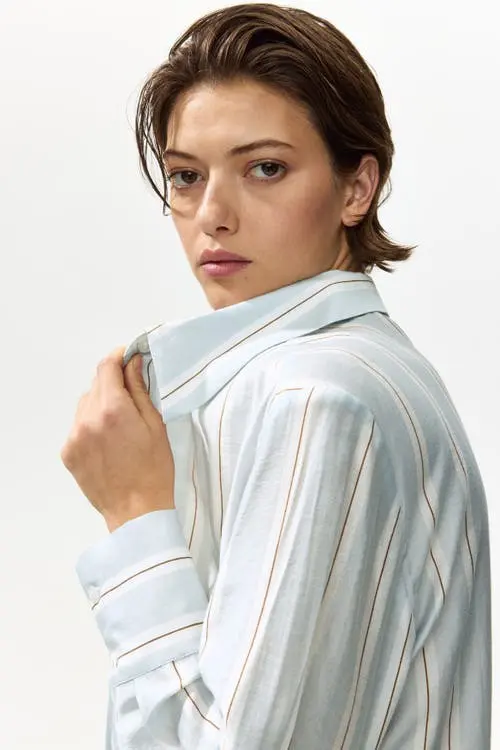 H&m Long Viscose-blend Shirt With Classic Collar And Stripes