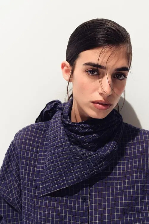 H&m Seersucker Shirt With Scarf Detail - Dark Blue/checked