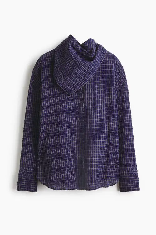 H&m Seersucker Shirt With Scarf Detail - Dark Blue/checked