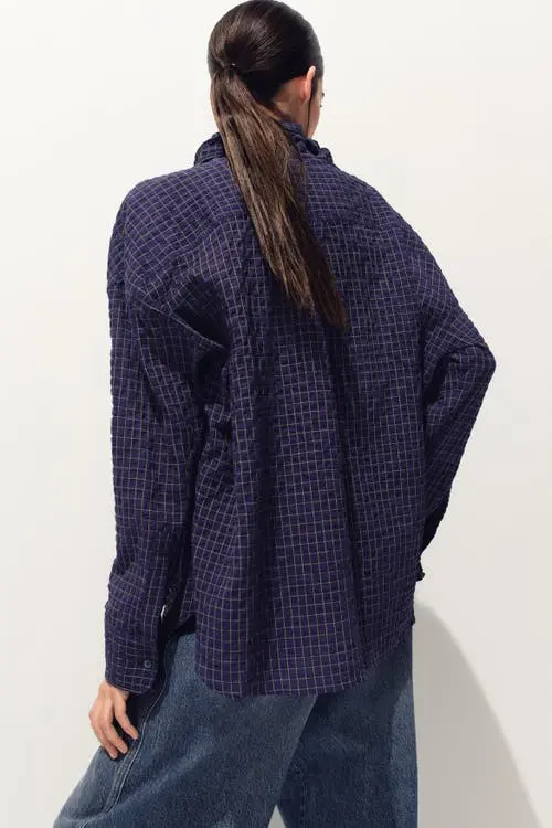 H&m Seersucker Shirt With Scarf Detail - Dark Blue/checked