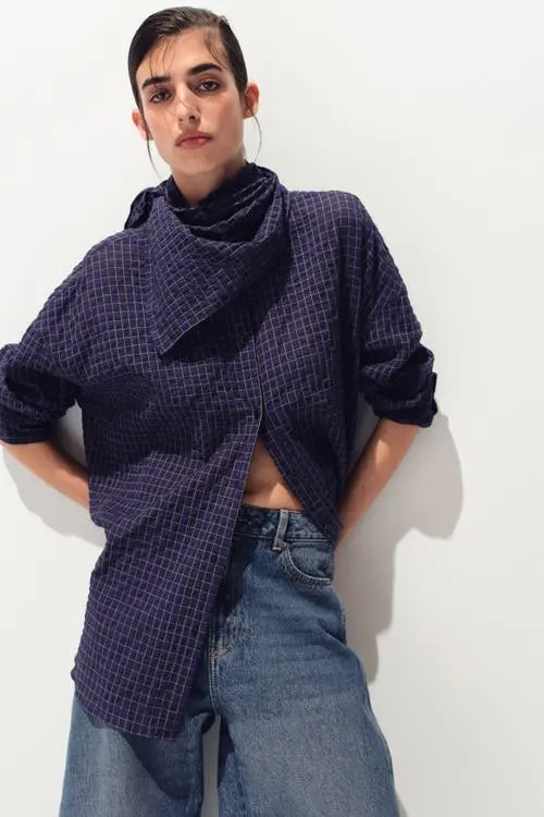 H&m Seersucker Shirt With Scarf Detail - Dark Blue/checked