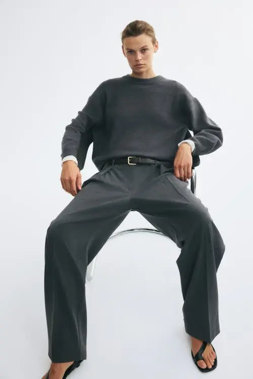 H&M Ribbed Knit Sweater With Wool Content - Dark Gray