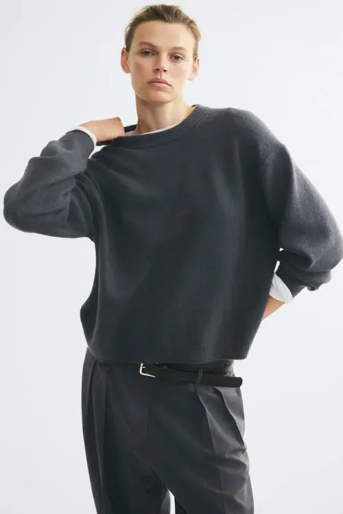 H&M Ribbed Knit Sweater With Wool Content - Dark Gray