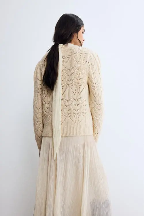 H&m Pointelle Knit Jumper With Scalloped Neckline - Light Beige