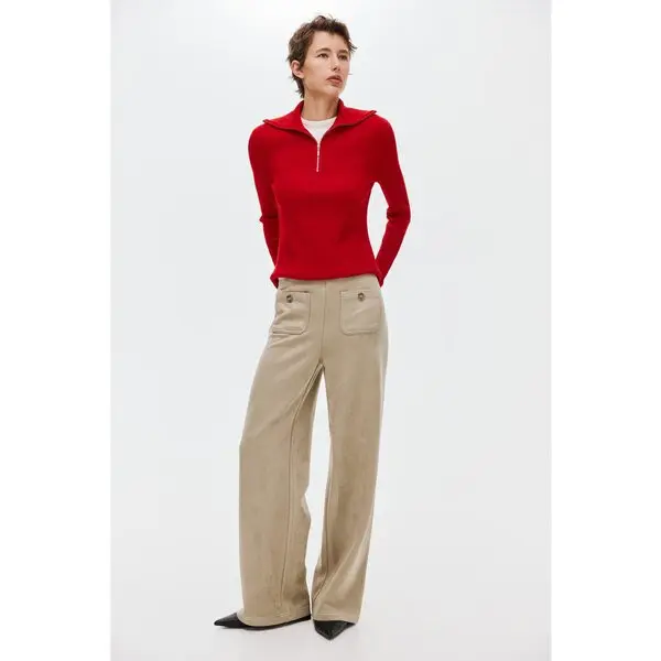 H&m Jersey Straight Leg Pants With Patch Pockets - Beige