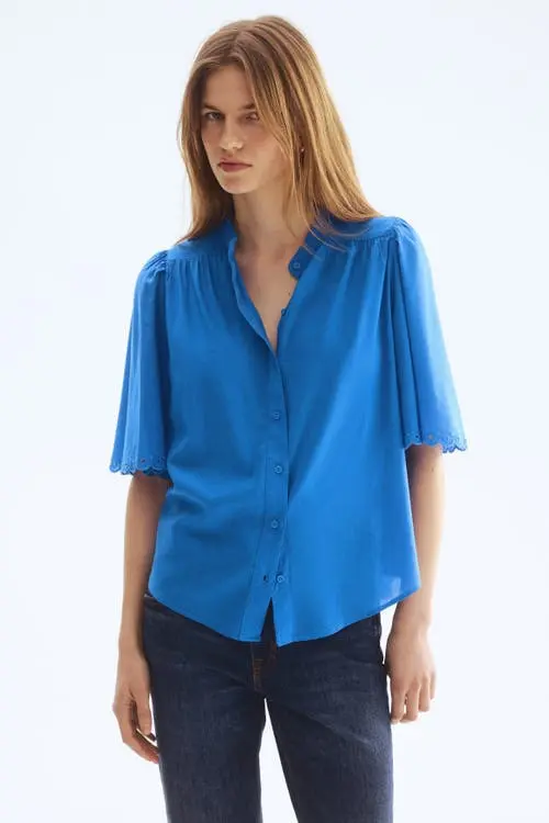 H&m Cotton Blend Broderie Anglaise Cuff Blouse - Blue