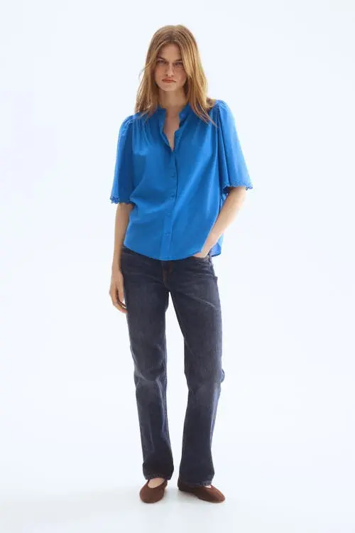 H&m Cotton Blend Broderie Anglaise Cuff Blouse - Blue