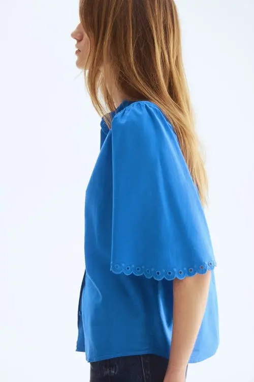 H&m Cotton Blend Broderie Anglaise Cuff Blouse - Blue