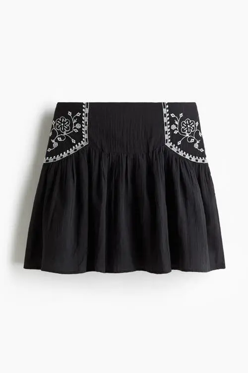 H&m Embroidered Crinkled Cotton Mini Skirt