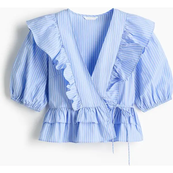 H&m Cotton Poplin Frill Wrap Blouse - Light Blue/striped