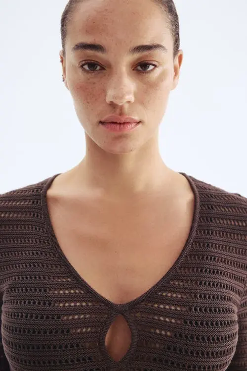 H&m Pointelle-knit V-neck Mini Dress With Trumpet Sleeves